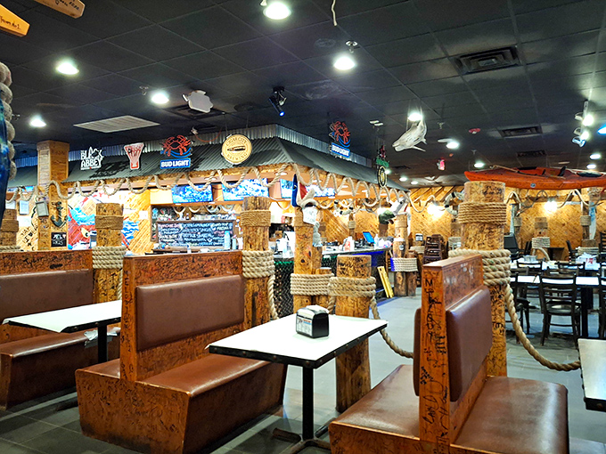 Nautical dreams come true inside with fishing nets, rope accents, and wooden booth dividers that transport you from landlocked Tennessee to a coastal paradise.