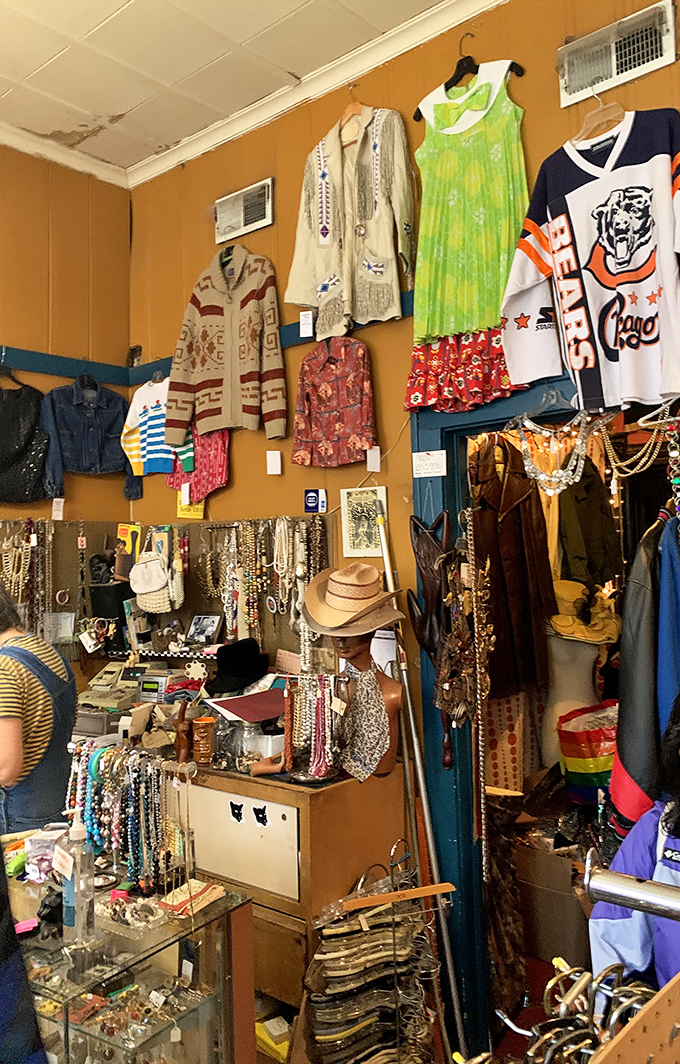 Treasure hunting paradise! Every inch of wall space tells a different fashion story, from Chicago Bears jerseys to delicate vintage dresses.