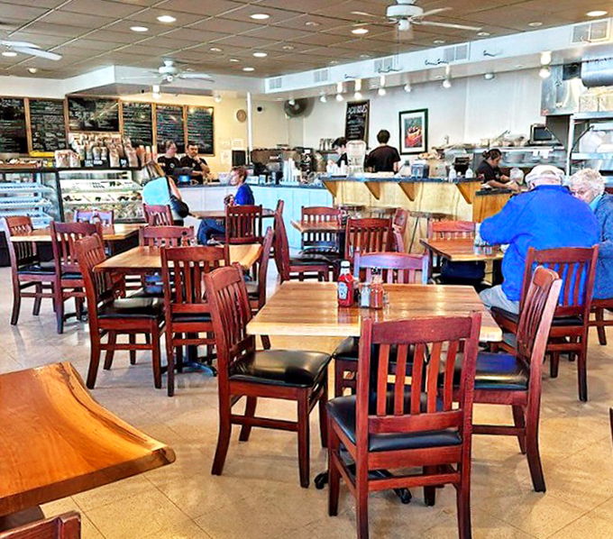 Inside, warm wooden tables and mission-style chairs invite you to settle in. The kind of place where breakfast could easily stretch into lunch.