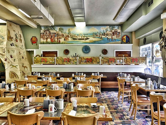 Step inside and you're greeted by a feast for the eyes&mdash;historical murals, wooden tables, and the unmistakable buzz of happy diners plotting their pancake strategy.