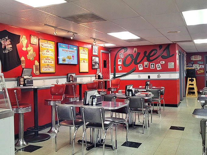 The interior's vibrant red walls and chrome fixtures aren't trying to be retro—they simply never stopped being exactly what they are: perfectly timeless.