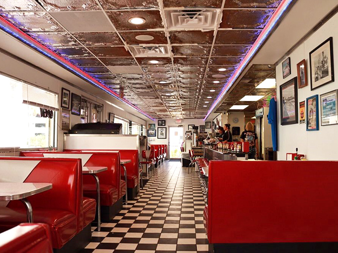 Classic red vinyl booths, checkerboard floors, and a ceiling trimmed with neon&mdash;walking into Starlite Diner is like stepping onto the set of "Happy Days," only with better coffee.