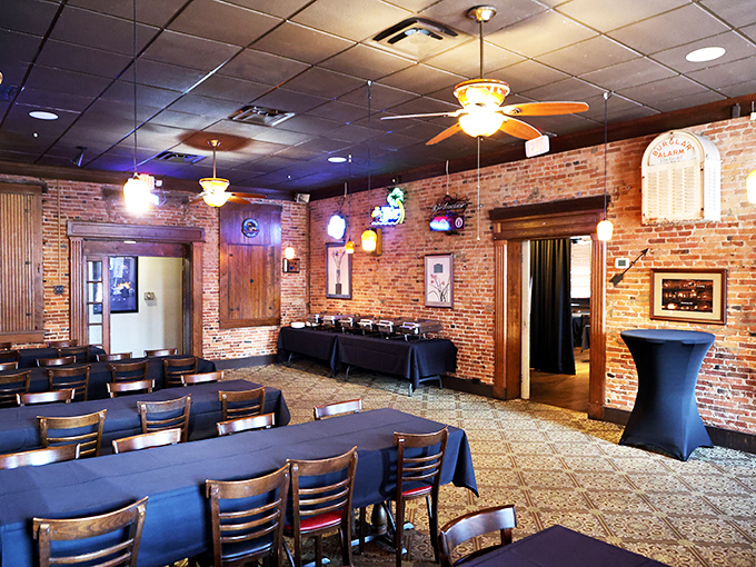 Exposed brick walls and navy tablecloths create an atmosphere that's both rustic and refined&mdash;like your favorite jeans paired with a sport coat.
