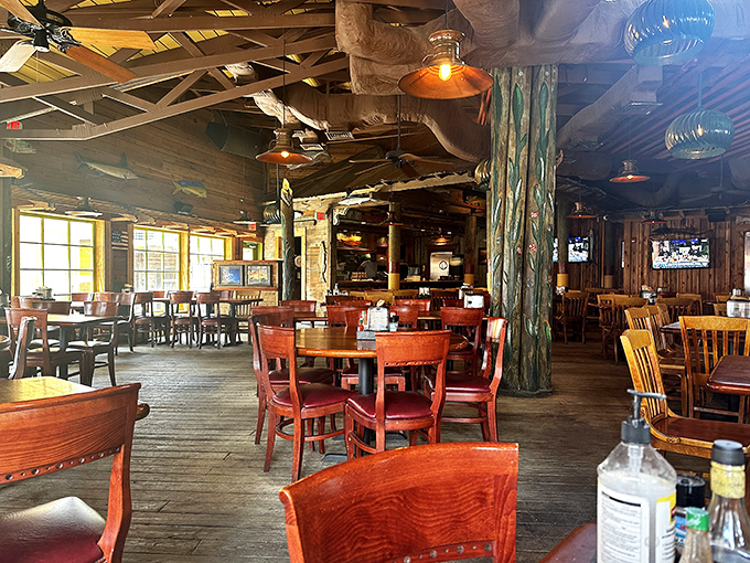 Rustic wooden beams, nautical touches, and warm lighting create that perfect "I've discovered a local gem" atmosphere where seafood memories are made.