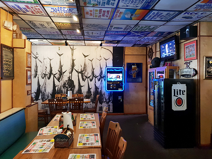 Where fishing trophies meet dollar-signed ceilings&mdash;this isn't interior design, it's a maritime museum with beer on tap.