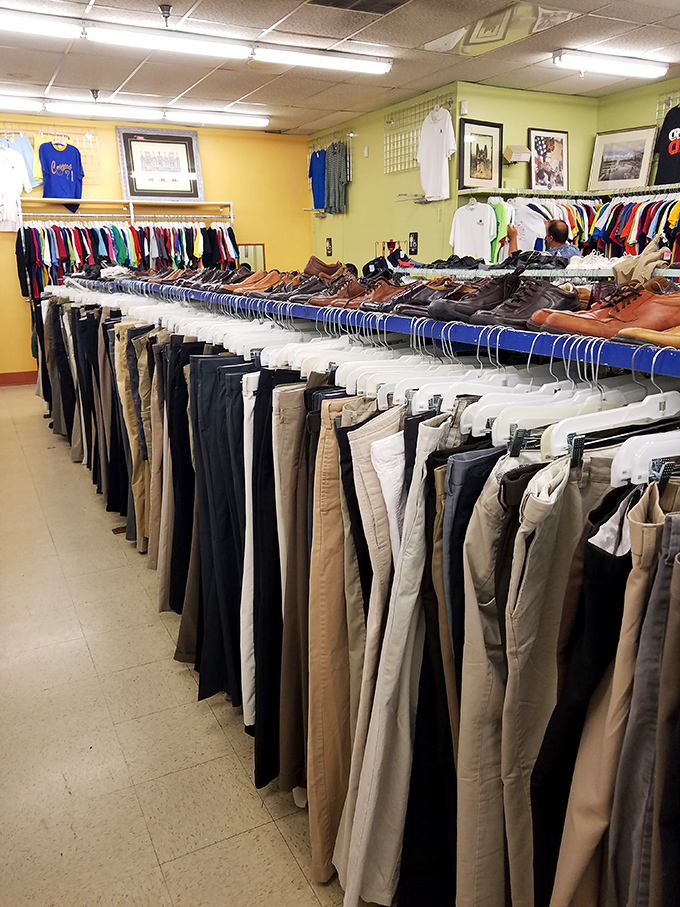 The men's section: a color-coded symphony of possibilities. That perfect Brooks Brothers blazer is hiding here somewhere, I can feel it!
