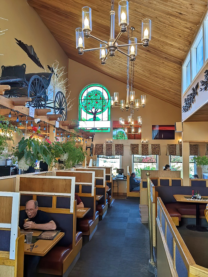 Step inside and you're greeted by soaring wooden ceilings, stained glass, and the unmistakable aroma of comfort food done right.