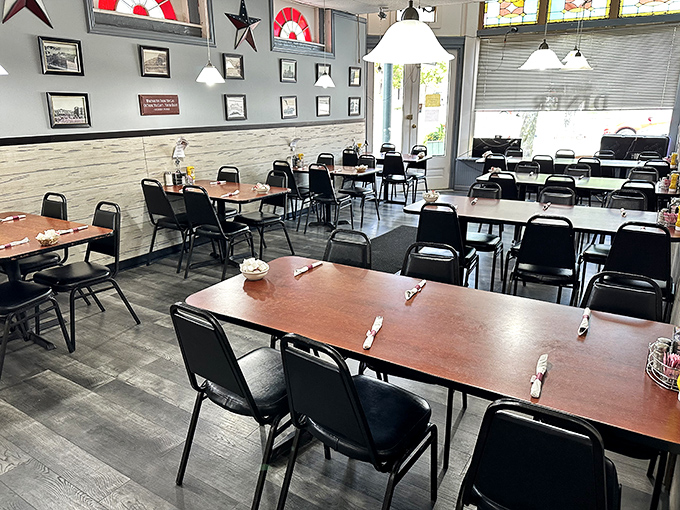 Simple tables, comfortable chairs, and walls adorned with local history &ndash; the dining room at Main Street Diner prioritizes substance over style.