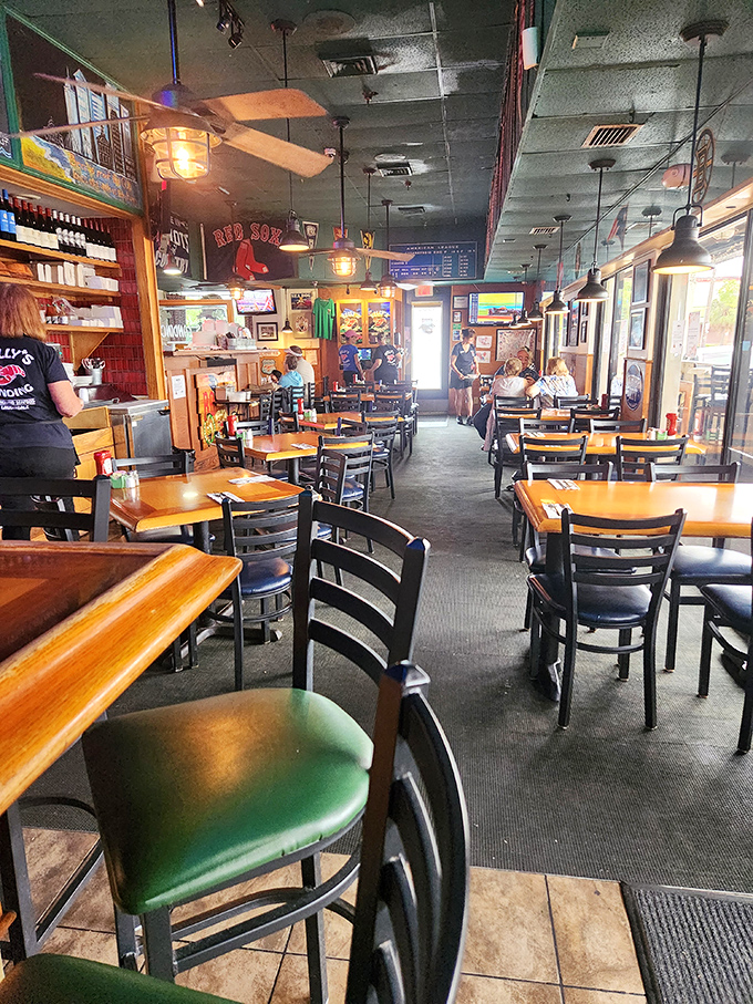 Inside, Boston sports memorabilia and wooden tables create that authentic New England vibe. You're not in a strip mall; you're in Southie.