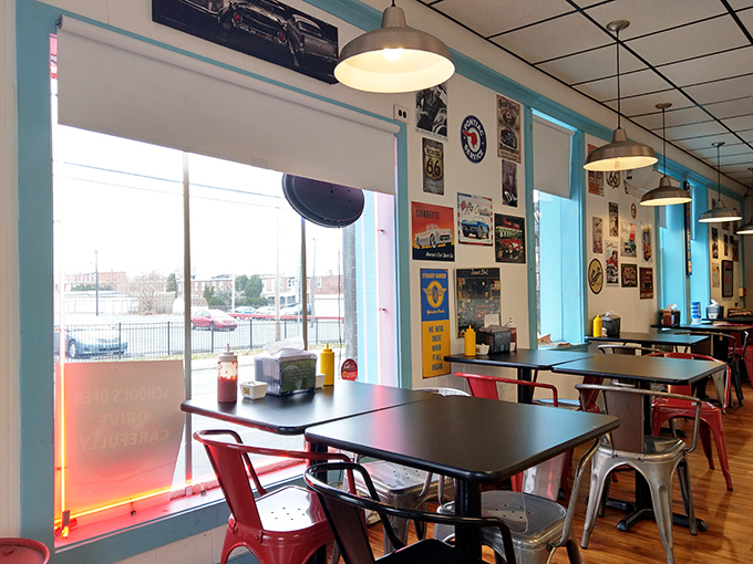 Retro metal chairs and vintage road signs create the perfect backdrop for burger bliss&mdash;nostalgia you can actually taste.