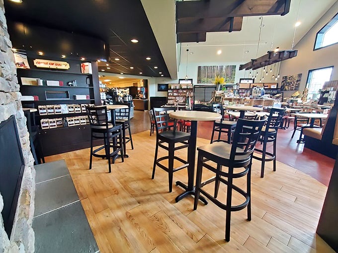 High-top tables and wooden beams create that perfect "come stay awhile" vibe. The kind of place where calories don't count and conversations flow freely.