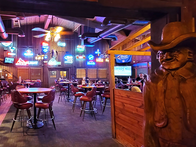 Where Western nostalgia meets serious eating &ndash; Cattlemens' bar area proves that neon signs and wooden cowboys make everything taste better.