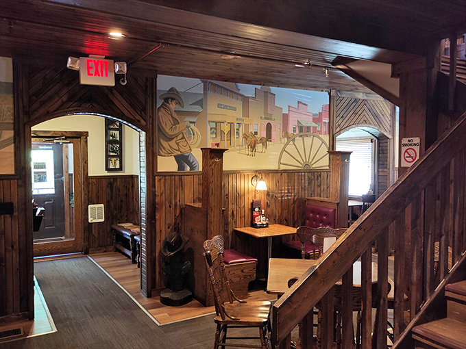 Step inside where rustic charm meets serious dining, complete with murals that transport you straight to frontier times.