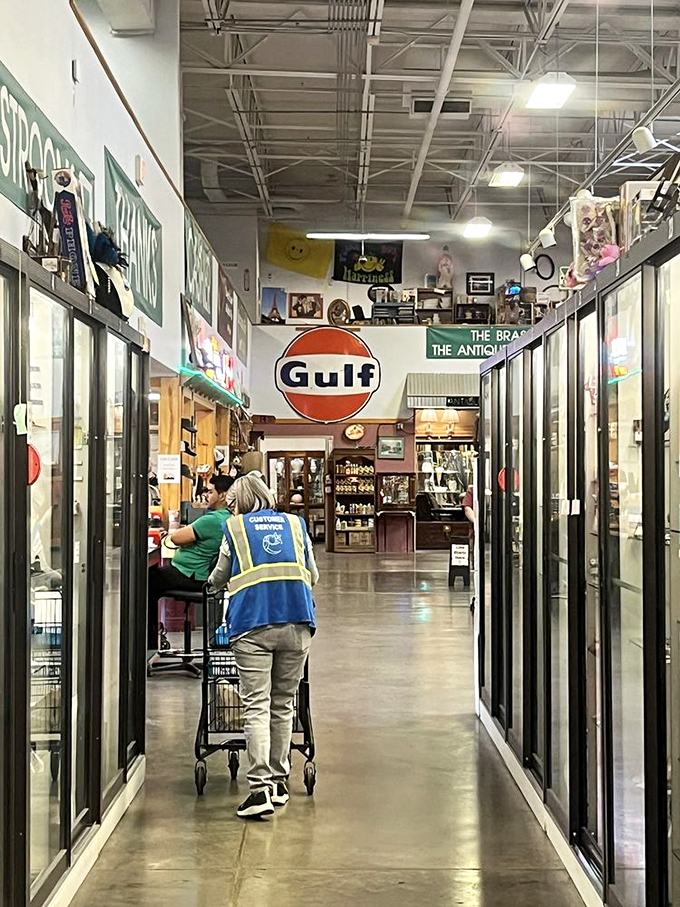 Navigating these aisles feels like time-traveling through America's attic. That vintage Gulf sign? Just one landmark in this memory maze.