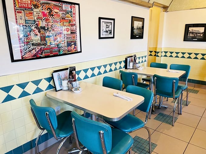 Stepping inside is like time-traveling to the 1950s, complete with turquoise vinyl booths and checkered tile that would make Marty McFly feel right at home.