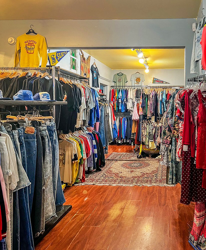 Racks upon racks of carefully curated clothing create narrow pathways of possibility, where vintage oriental rugs guide your journey to the perfect find.