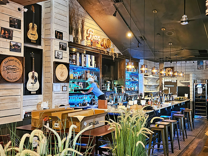 Step inside where weathered wood meets coastal charm, creating the perfect backdrop for your seafood adventure ahead.