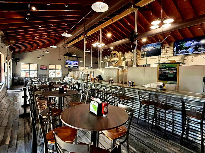 Wooden beams, weathered floors, and no-nonsense seating &ndash; this is a place that puts its energy into the food, not fancy furnishings.