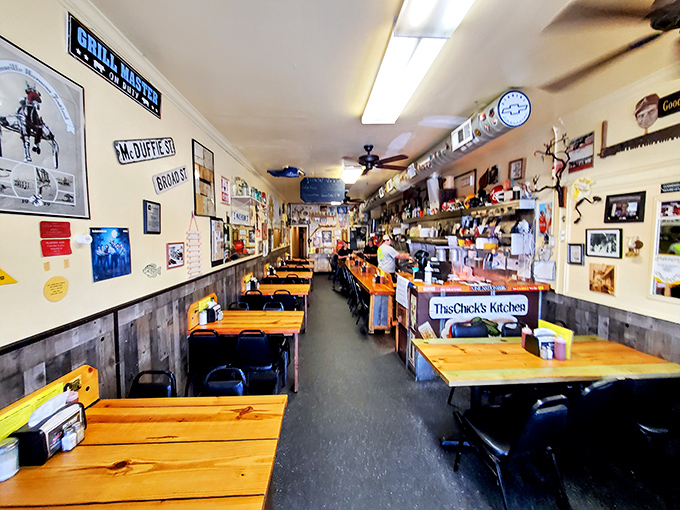 Step inside and time slows down. The narrow dining room, lined with wooden tables and walls of memorabilia, feels like the community's living room&mdash;if your living room served incredible burgers.
