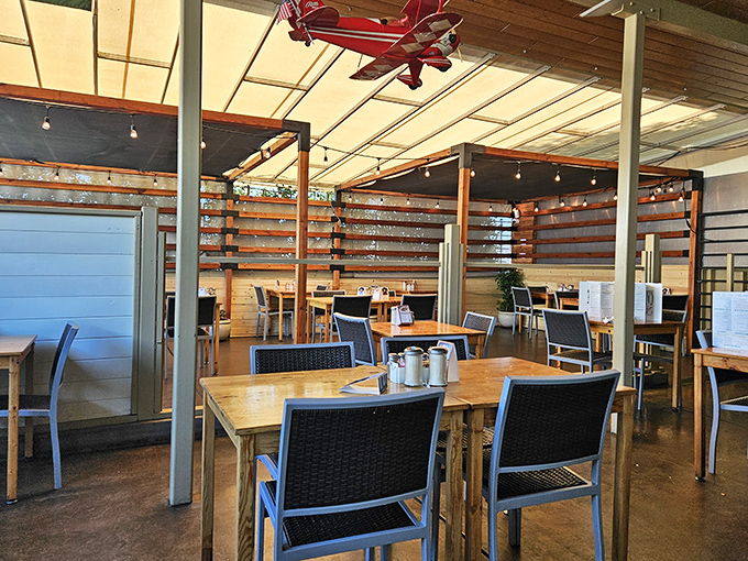 Wooden accents, natural light, and that charming model airplane hanging from the ceiling&mdash;this is what breakfast sanctuaries are made of.