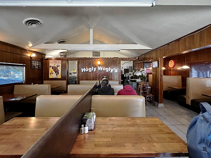 Wood paneling and vinyl booths&mdash;the universal language of "we care more about what's on your plate than what's on our walls."