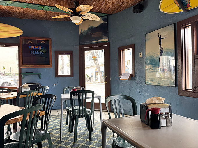 Blue walls, bamboo ceiling, and surfboards create the perfect laid-back vibe. This isn't just breakfast&mdash;it's a California morning ritual set to ocean breezes.