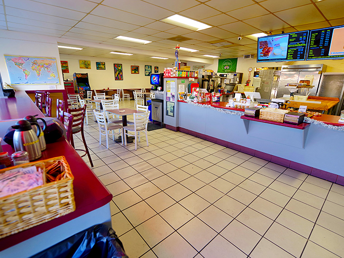 Simple white tiles and no-nonsense decor—because when your cinnamon rolls are this good, you don't need fancy chandeliers to impress anyone.