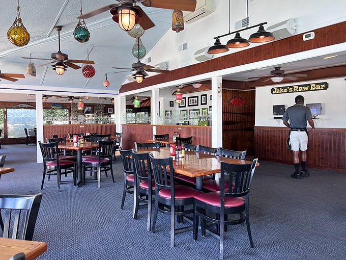 Inside, nautical meets nostalgia with colorful glass floats dangling from the ceiling &ndash; like Christmas ornaments for mermaids on their day off.