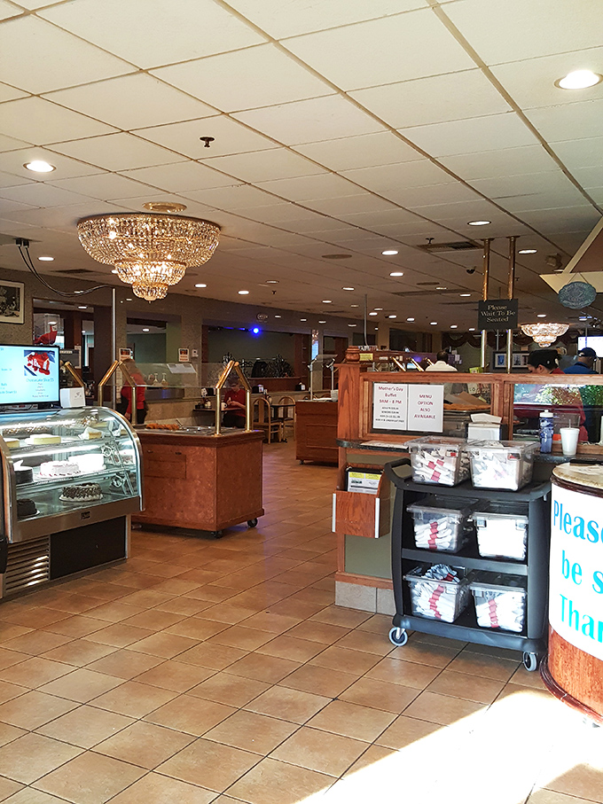 Crystal chandeliers over a buffet line? It's like your grandmother's dining room got a glamorous makeover while keeping all the comfort.