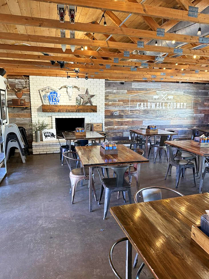 Rustic wooden beams and industrial-chic furniture create the perfect backdrop for serious meat consumption – no white tablecloths needed here.