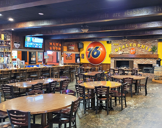 "Mud's Room" offers a nostalgic trip with its vintage signs and Americana decor. The 76 logo watches over conversations that have flowed here for generations.