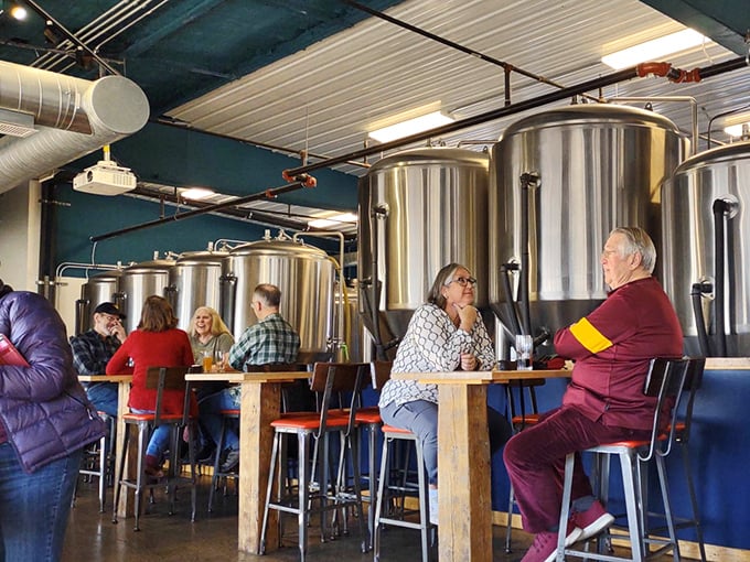 Those silver brewing tanks aren't making beer for Lehman's – this appears to be from a different establishment, possibly a local brewery in the area.