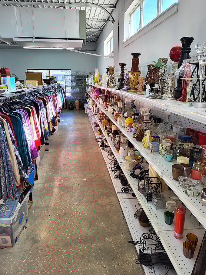 Organized chaos at its finest&mdash;clothing racks flank shelves of decorative treasures, each aisle a new adventure waiting to unfold.