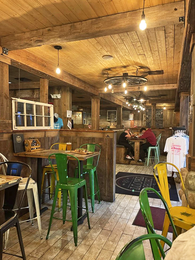 Wooden beams, colorful metal chairs, and that wagon wheel chandelier &ndash; this isn't your typical seafood joint, it's Indiana's rustic answer to coastal dining.