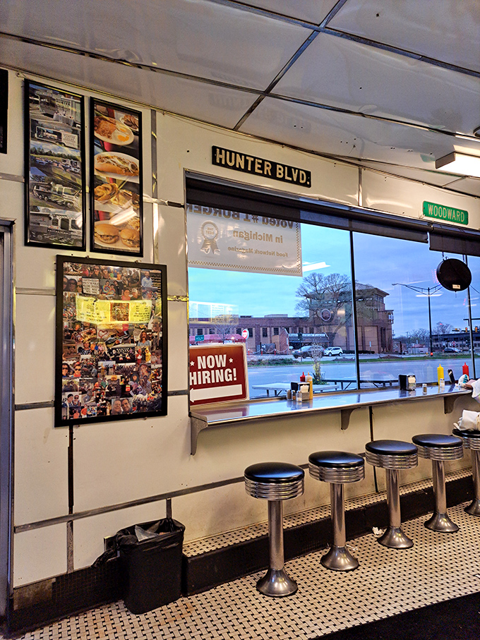 Classic diner counter seating invites you to belly up for burger bliss, where every stool tells a story of satisfied customers past.