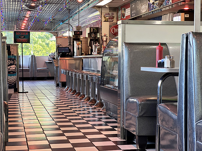 Classic counter seating and checkerboard floors &ndash; where calories don't count if you're sitting on a spinning stool.