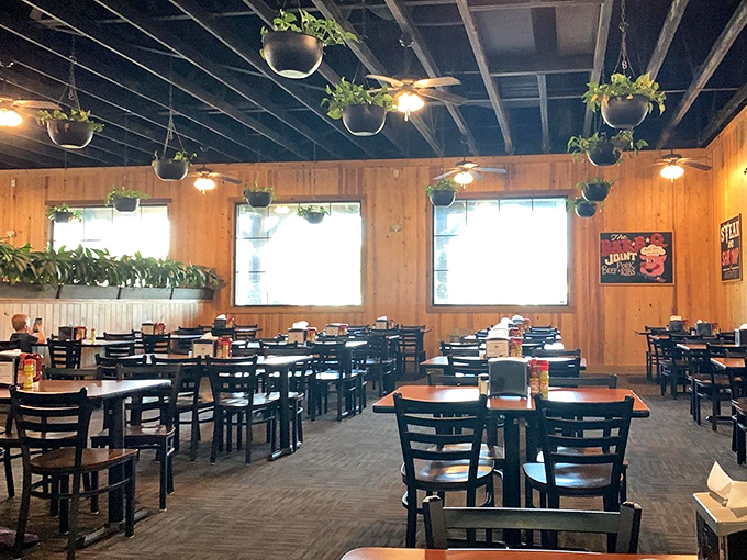 Wooden paneling and hanging plants create that "grandma's dining room got an upgrade" vibe—comfortable enough for lingering, spacious enough for seconds.