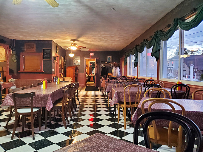 Checkerboard floors, purple tablecloths, and bentwood chairs &ndash; dining at Sleder's feels like stepping into your grandparents' favorite haunt from 1962. In the best possible way. 