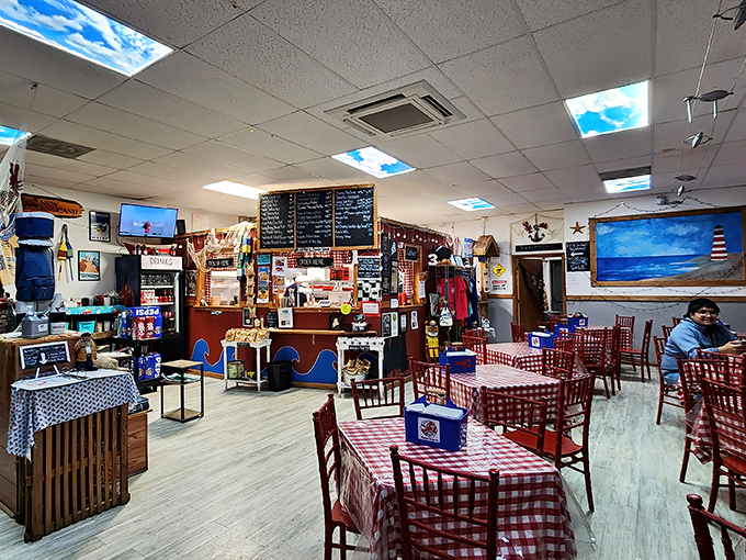 Step inside and you're transported straight to coastal Maine, complete with sky-blue ceiling panels that bring the outdoors in.