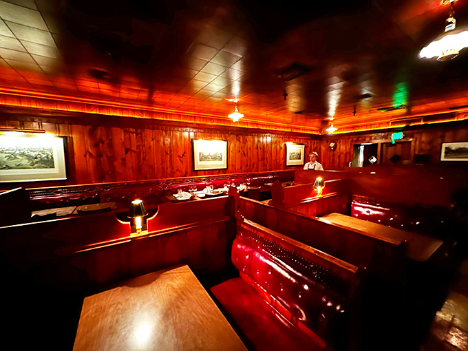 Step inside and time travel begins &ndash; rich wood paneling, red leather booths, and an amber glow that makes everyone look like they're starring in their own classic film.