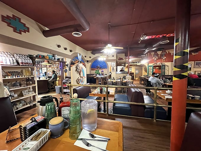 Step inside and you're transported to the Southwest's breakfast headquarters, where turquoise accents and wooden beams frame culinary magic.