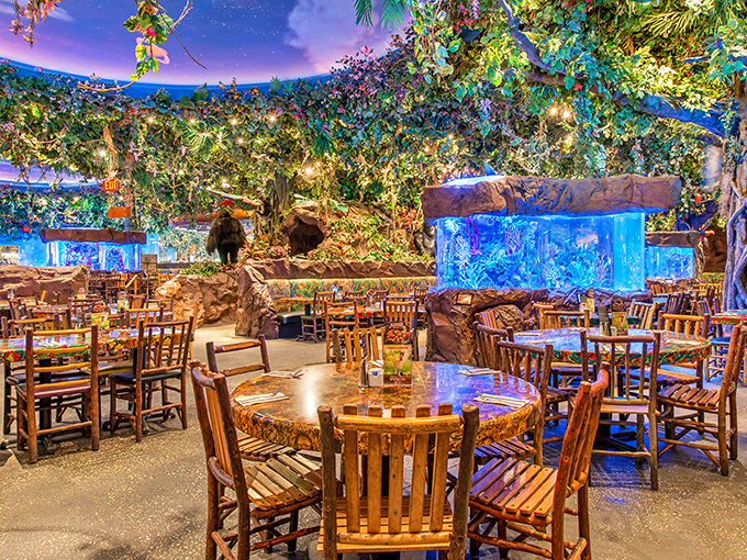 Dining beneath a canopy of artificial foliage and twinkling lights creates the illusion you've traveled thousands of miles from Florida without leaving your table.