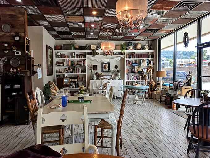 Bookshelves, mismatched chairs, and that corrugated metal ceiling create the living room you wish you had. It's like your coolest aunt's house, if she were a pie wizard.