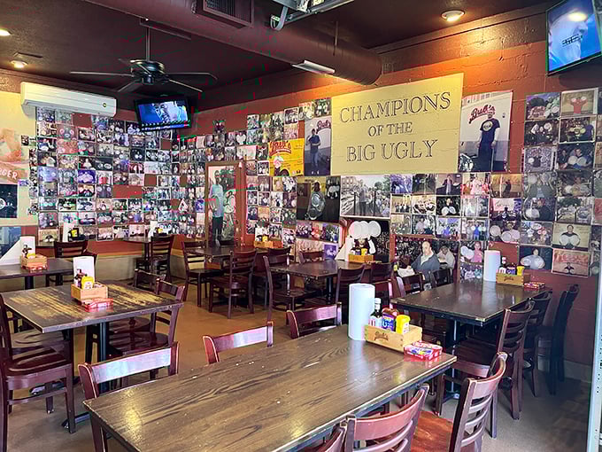 "Champions of the Big Ugly" wall showcases brave souls who've conquered Bub's legendary one-pound burger challenge. Your photo could be next!