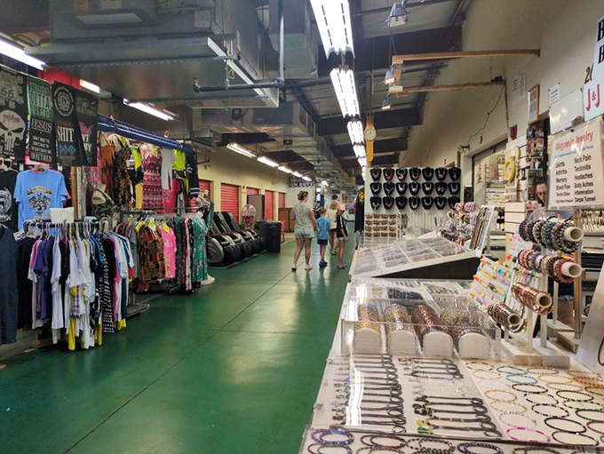 Where fashion meets frugality—shoppers browse endless racks of clothing while jewelry displays glitter with affordable bling.