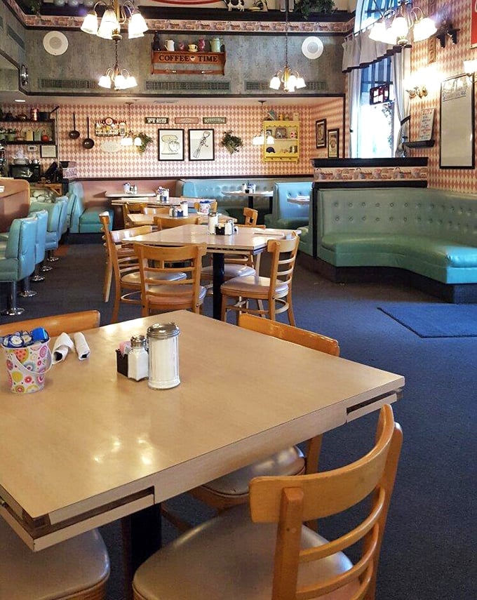 Step inside to mint-green booths and diamond-patterned wallpaper &ndash; a time capsule of American breakfast culture where calories don't count and coffee flows freely.