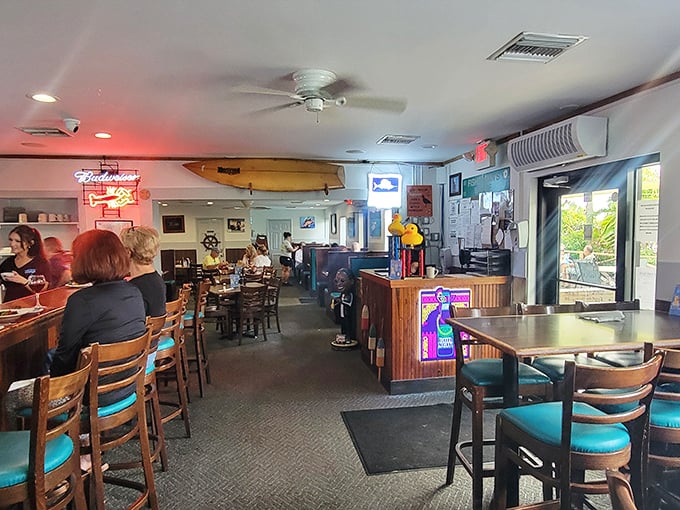 Inside, surfboards hang from the ceiling while nautical charm fills every corner &ndash; it's Florida dining without pretension.