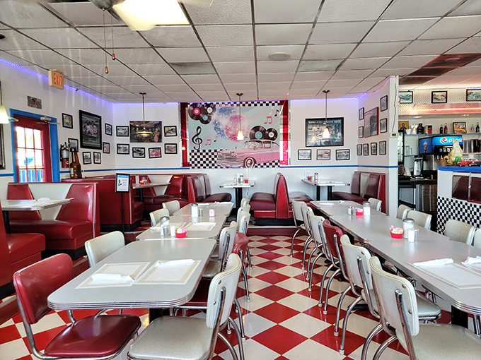 Classic red vinyl booths and checkerboard floors transport you back to simpler times when rock 'n' roll was young and calories didn't count.