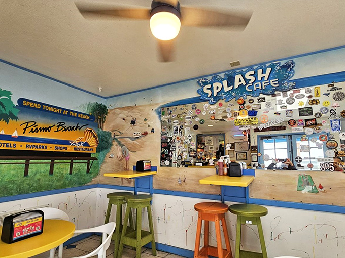 Inside, every inch tells a story – colorful stools, beach murals, and walls plastered with stickers from visitors who've made the pilgrimage to chowder heaven.