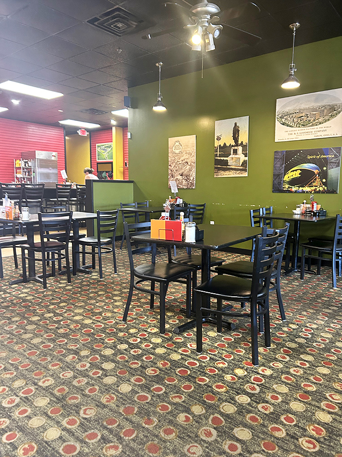 Green walls adorned with local memorabilia create the perfect backdrop for morning conversations. Akron's history meets breakfast bliss.